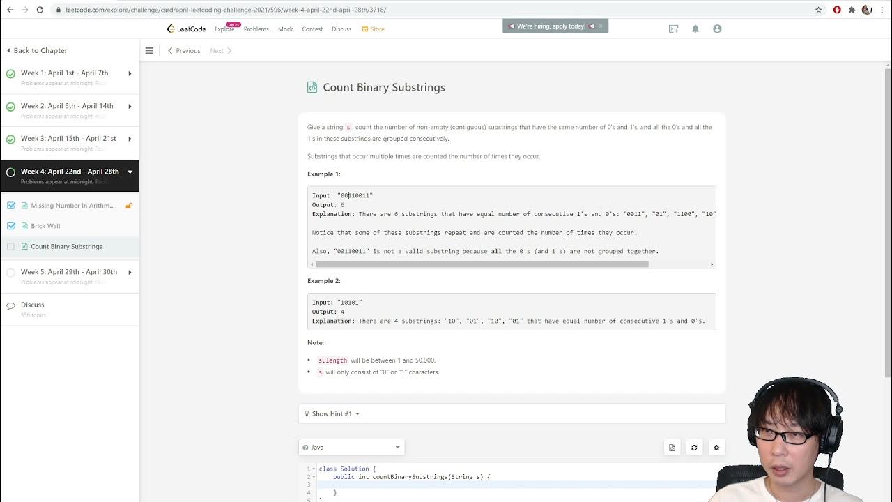 Live: LeetCode Daily 04222023 - 696. Count Binary Substrings - YouTube