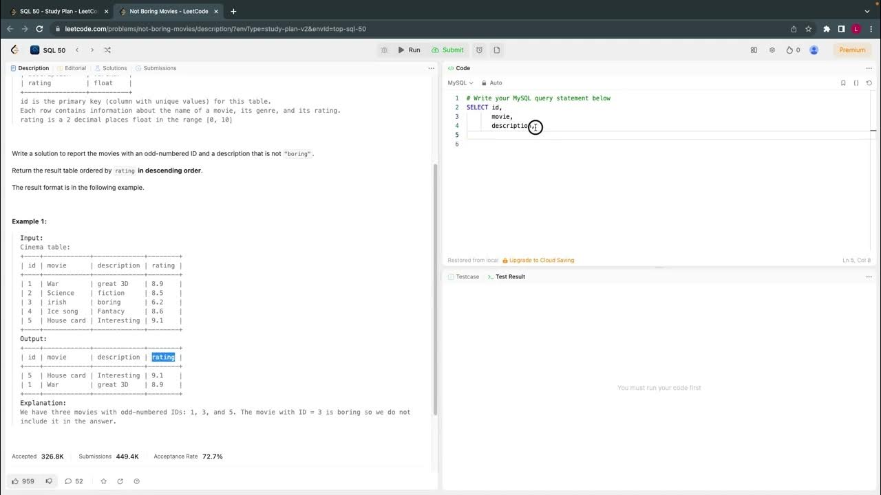 #LeetcodeSQL50 - 15 Not Boring Movies - YouTube