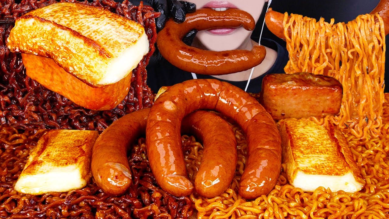 ASMR KIELBASA SAUSAGE SPAM CHEESY NUCLEAR FIRE NOODLES COOKING MUKBANG ...
