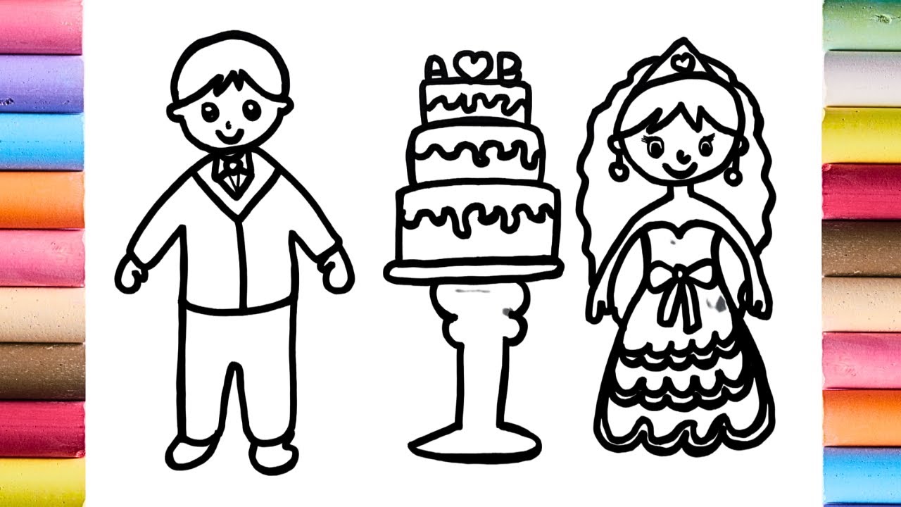 Wedding Drawing, Cute Bride and Groom Cutting a Cake | Painting and ...