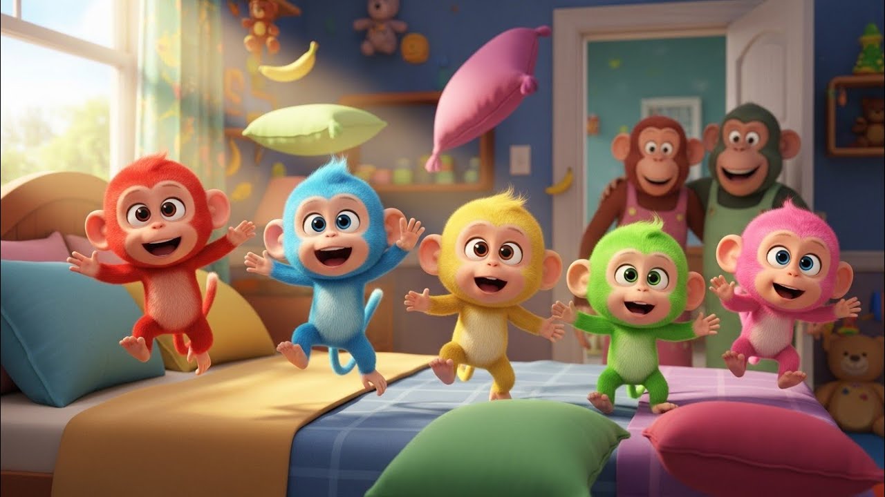 Five Silly Monkeys Bouncing on the Bed 🐵 | "Happy Rhymes Town"Nursery ...