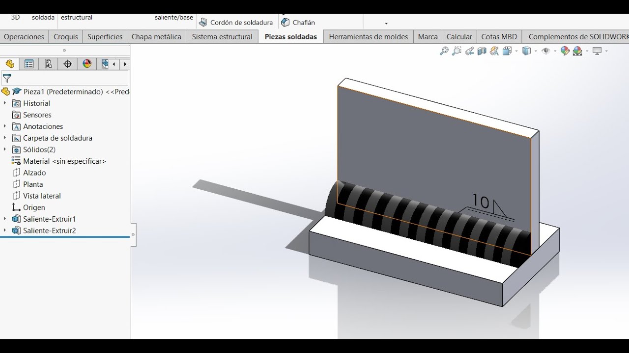 Fusion de piezas en solidworks y visualizacion de soldadura - YouTube