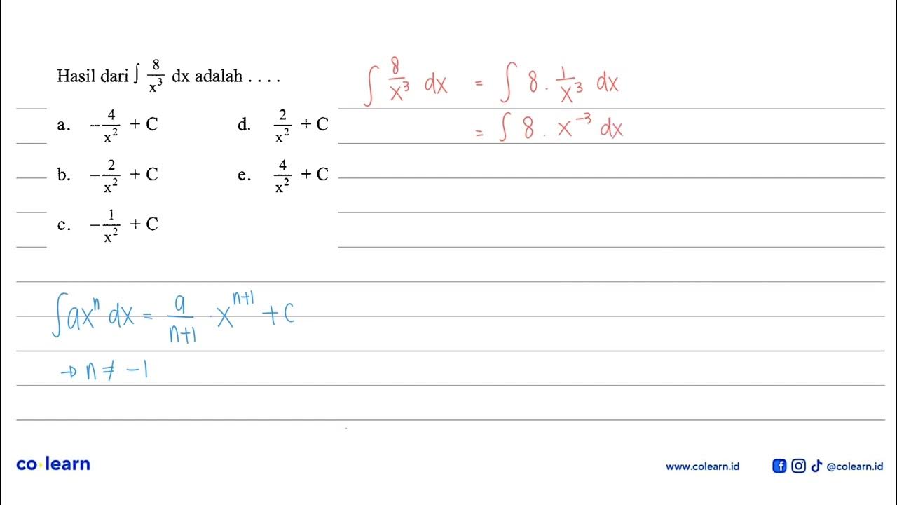 Hasil dari integral (8/x^3) dx adalah .... - YouTube
