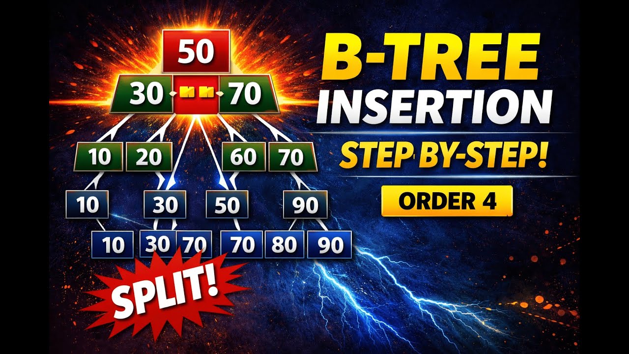 B-Tree Insertion (Order 4) | Step-by-Step with Double Overflow - YouTube