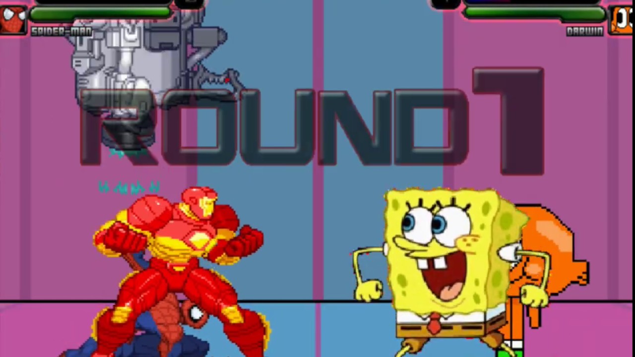M.U.G.E.N: Iron Man & Spider-Man Vs Super Brawl Spongebob & Darwin ...