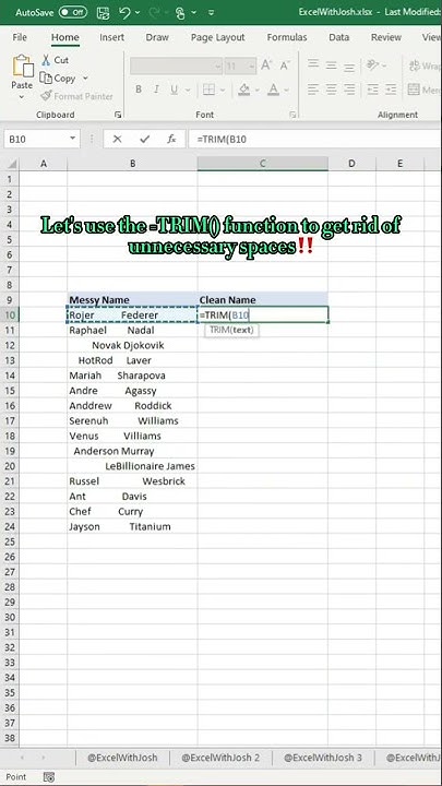 Excel Tip Trim To Get Rid Of Unnecessary Spaces Youtube