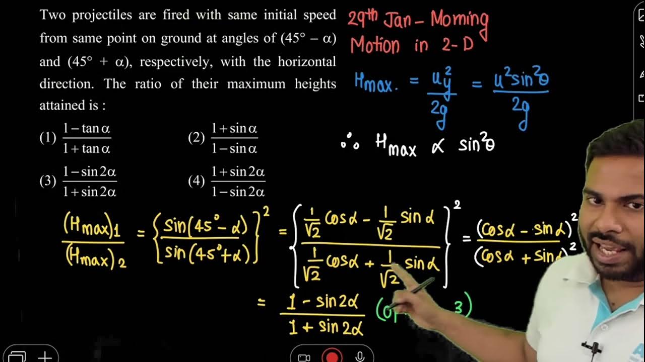 Two projectiles are fired with same initial speed from same point on ground at angles of 45- and ...