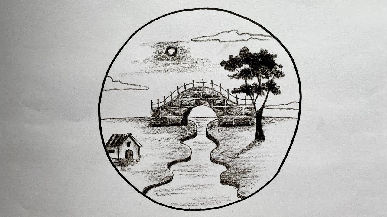 How to draw easy bridge scenery in 2 minutes. Step by step beginner ...