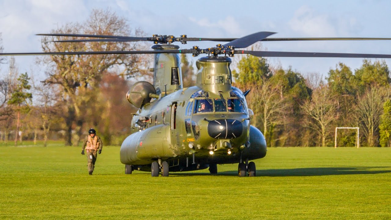 RAF Chinook landing at Seaclose Park, Newport to collect British Army ...