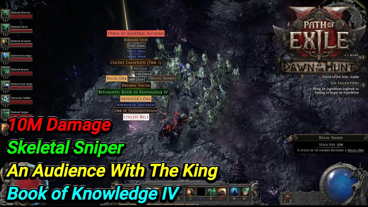 POE 2 Dawn of the Hunt / 10M Damage / Skeletal Sniper / An Audience With The King - YouTube