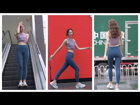 (Full 4K) Candid & Casual | Dynamic Sporty Style : Blue Leggings and White Sneakers