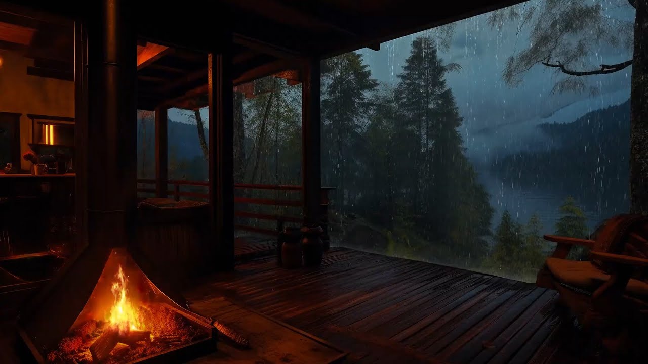 Cozy Fire in a Log Cabin on a Rainy Day in middle of forest | Cozy Rain ...