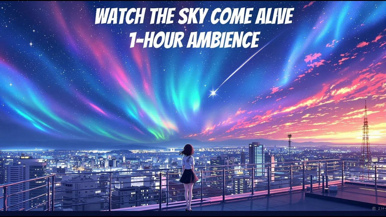 Aurora Rooftop Ambience 1 Hour Anime Night Sky & Shooting Star for Deep ...