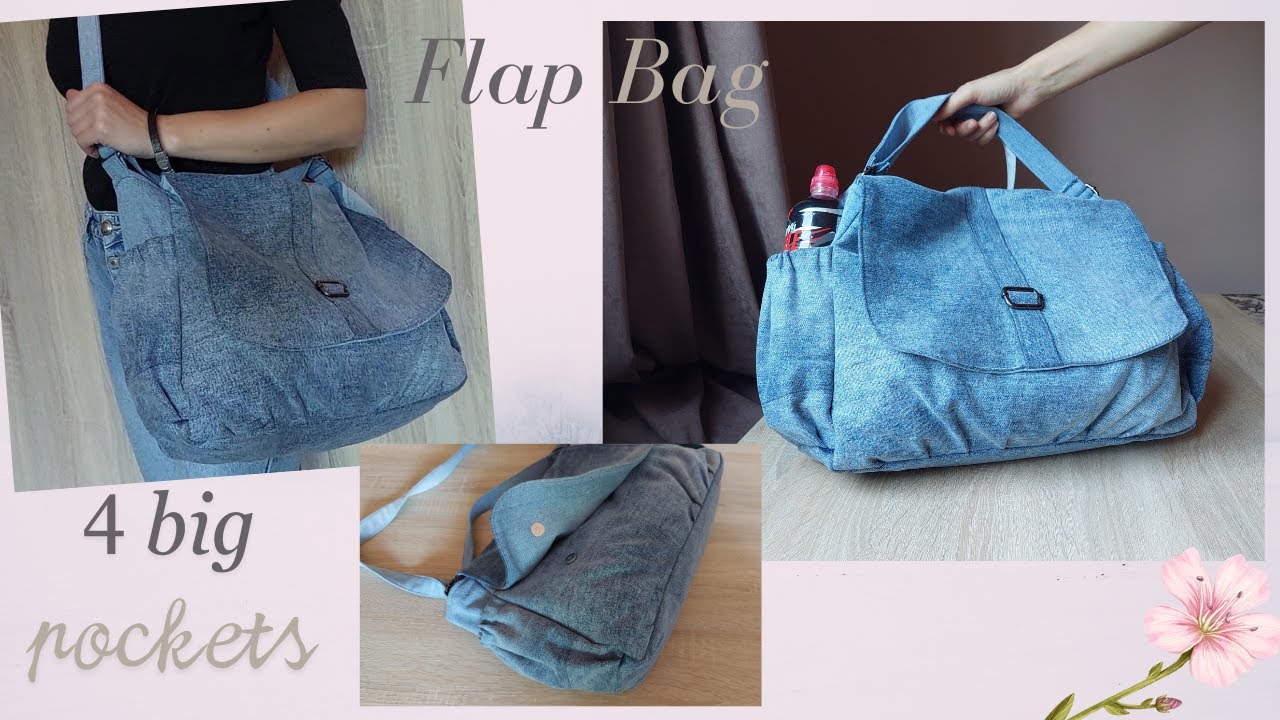 Two Straps Zipper Denim Flap Bag with 4 big pockets DIY/Messenger Bag ...