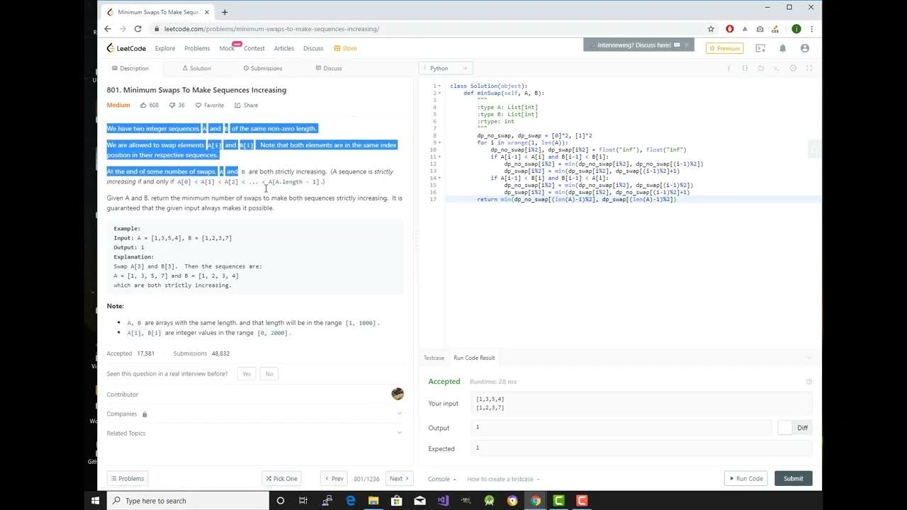 LeetCode Problem #801 Minimum Swaps To Make Sequence increasing - YouTube