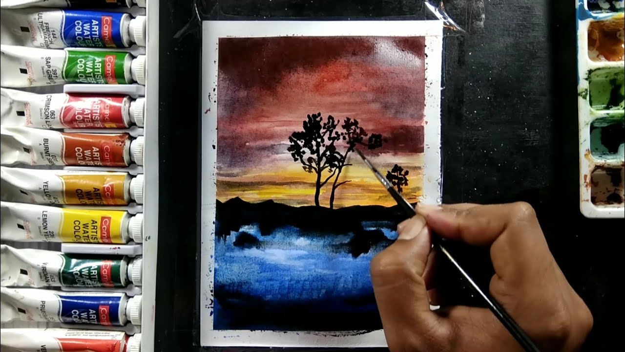 Easy watercolor painting / Red & Blue / Landscape Painting for ...