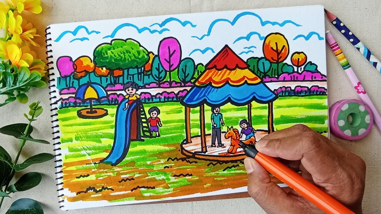 Park scenery drawing easy for beginners - YouTube