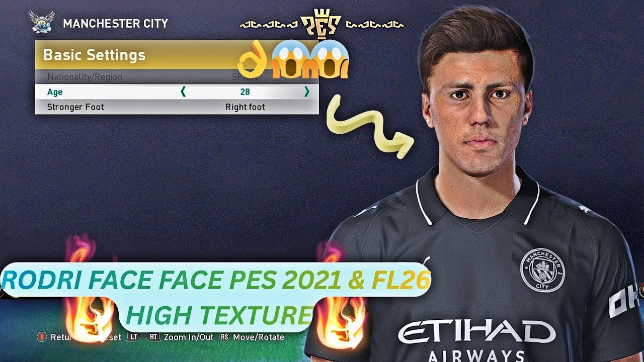 rodri face FACE PES 2021 & FL26 High Texture - YouTube