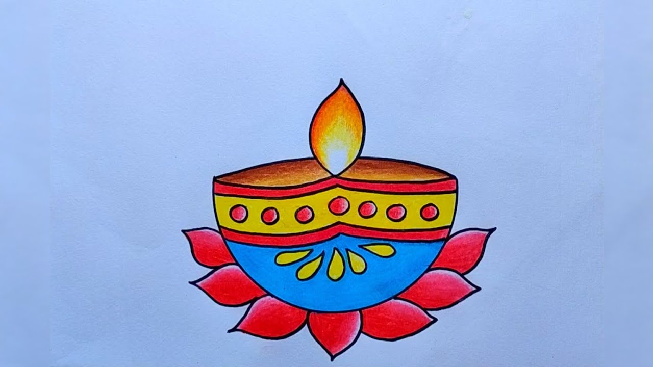 Easy and simple Diya drawing| Diwali Diya drawing| Happy Diwali drawing ...