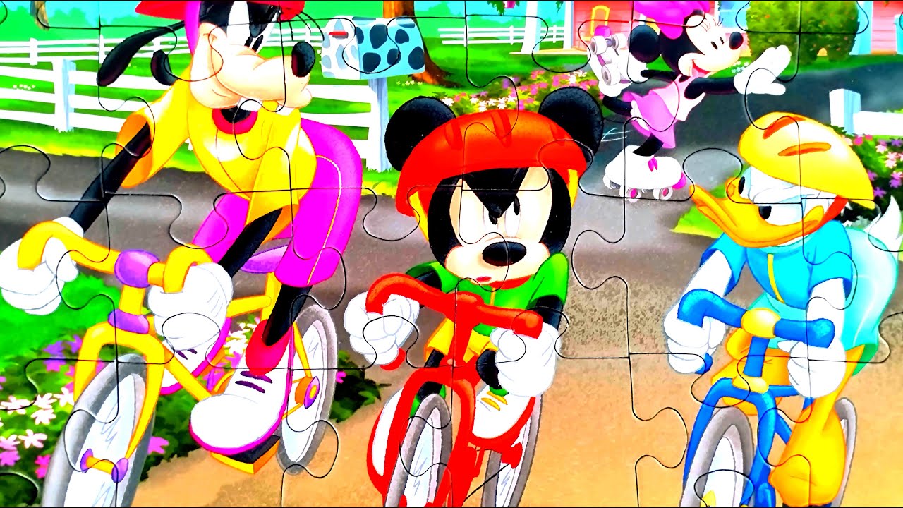Mickey Mouse with friends on bicycles.|Let's put the puzzle together ...