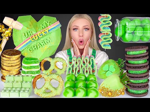 ASMR Green Dessert, Chocolate Smash Heart, Chocolate Covered Pretzels Sour Strips Rainbow Mukbang 먹방