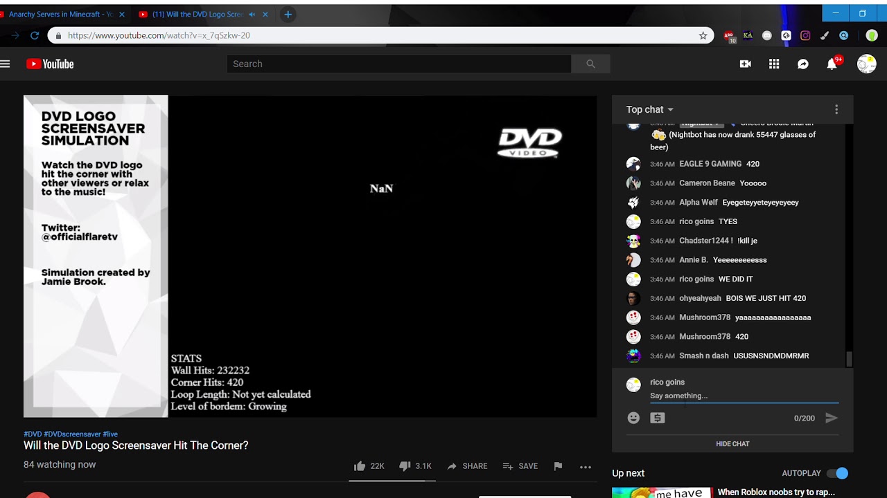 DVD screensaver live stream hits 420 (flaretv) - YouTube