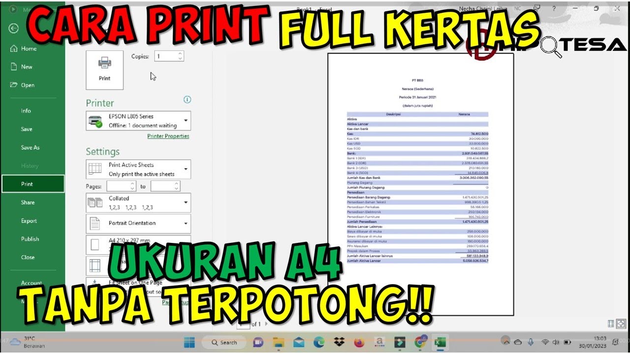 Cara Print Excel Untuk Ukuran A4 Agar Tidak Terpotong - YouTube