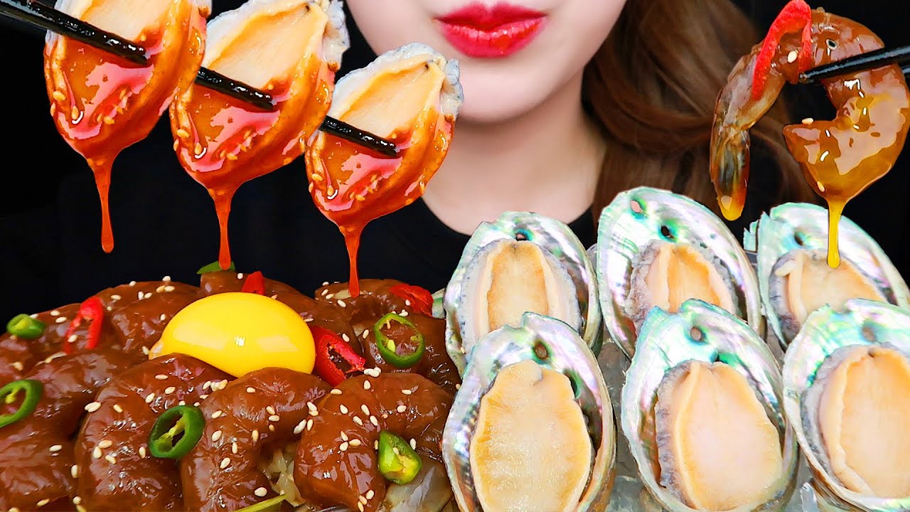 RAW ABALONE & SOY SAUCE MARINATED SHRIMP EATING SOUNDS MUKBANG ...