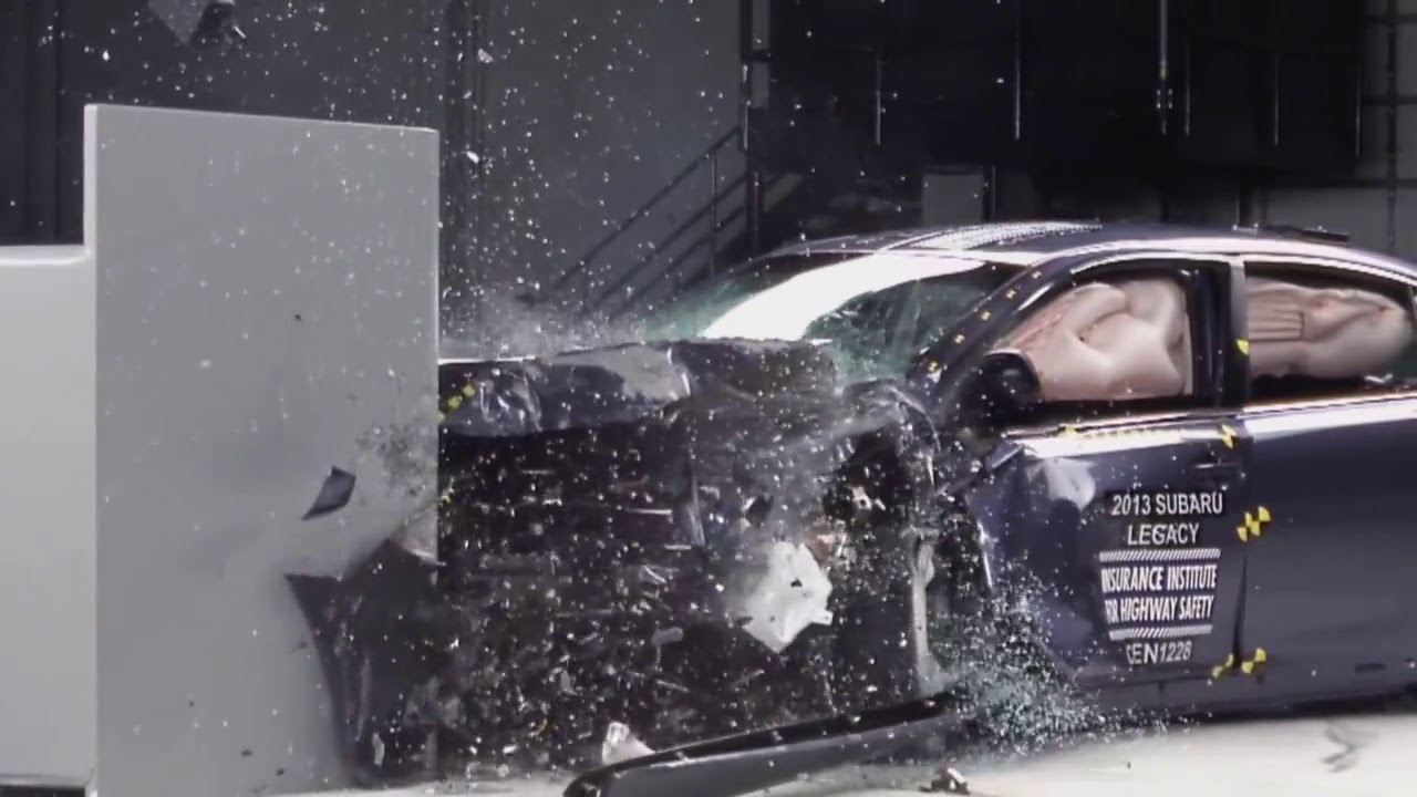 2013 Subaru Legacy sedan driver side small overlap crash test - YouTube