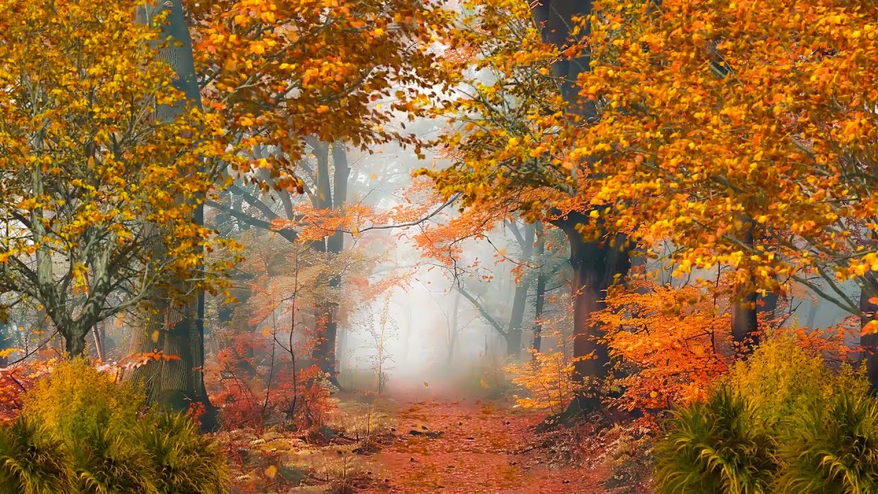 Relaxing Autumn Forest / Leaves Falling From Trees, Fog and Rain in ...