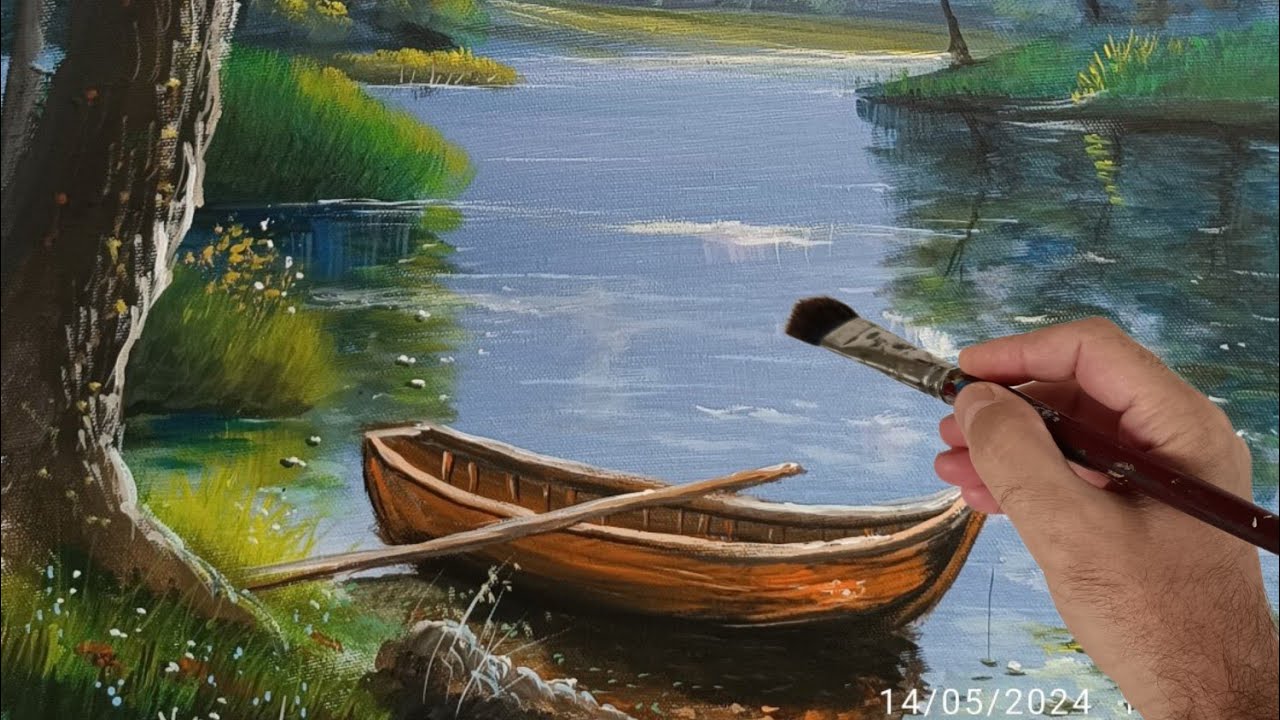 Gölde Kayık Akrilik Boya Landscape Acrylic Painting Art - YouTube