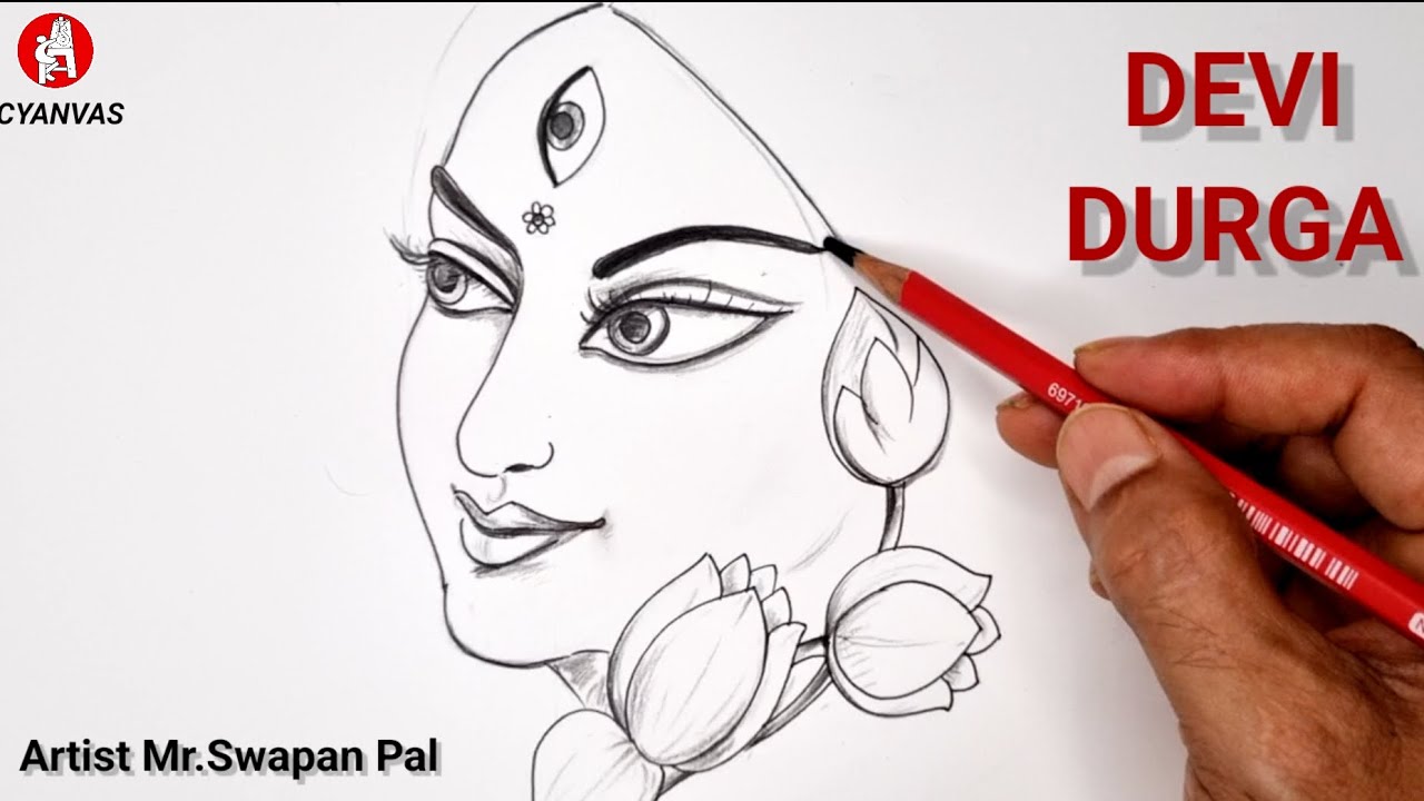 DEVI DURGA FACE WITH STEP BY STEP FOR BEGINNERS/ HOW TO DRAW MAA DURGA ...