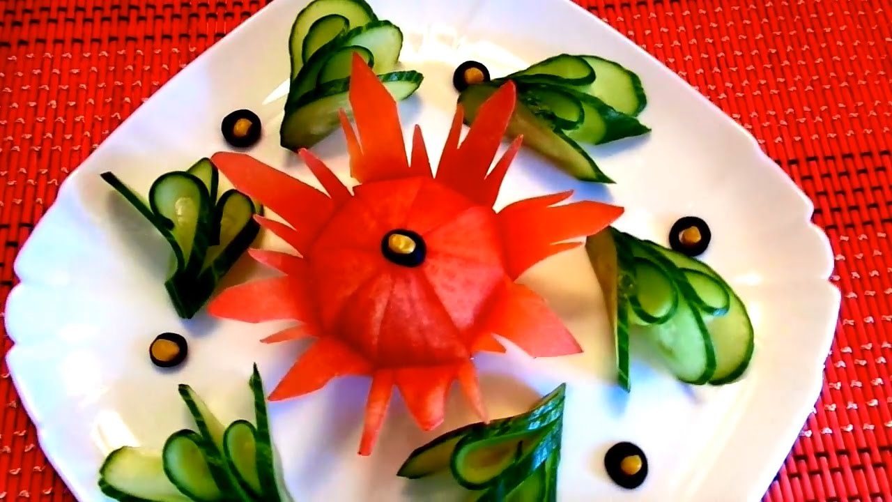 HOW TO MAKE TOMATO FLOWER CARVING - CUCUMBER LEAF GARNISH & HOW TO CUT ...