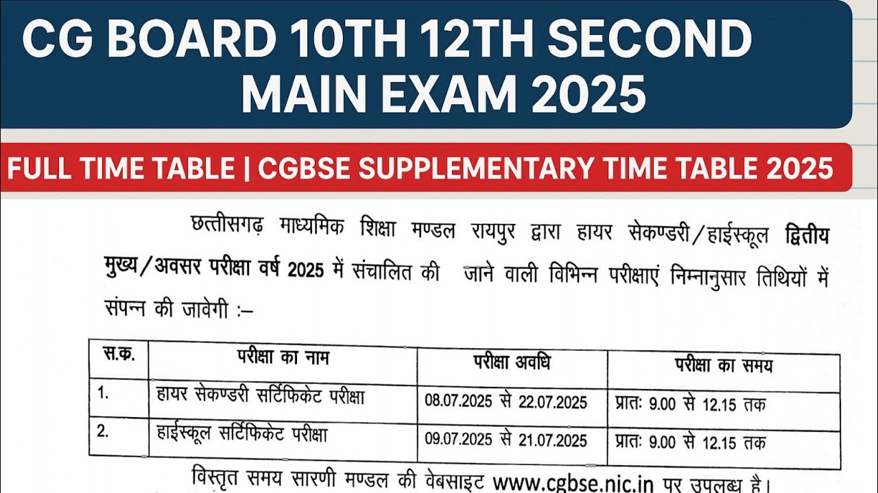 CG Board 10th 12th Second Main Exam 2025 Full Time Table | CGBSE ...