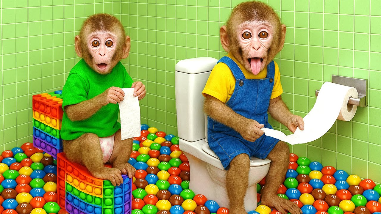 Bubu Monkey goes to the toilet with Duckling & eat Rainbow Jelly at ...
