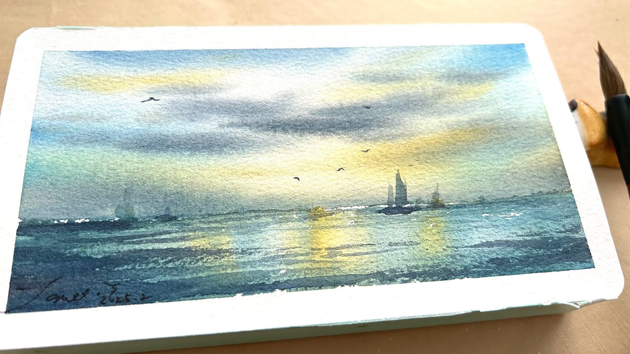 Super easy but so beautiful watercolor seascape painting - YouTube