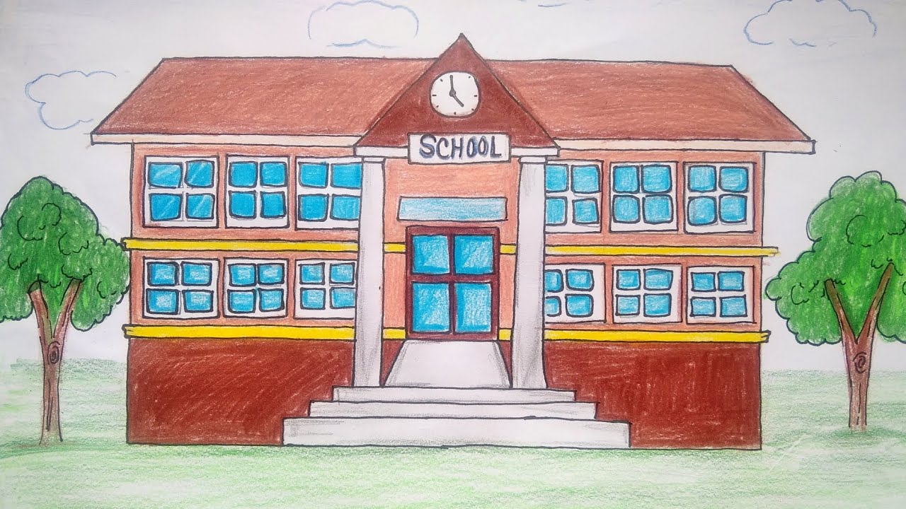 How To Draw A School || My School Drawing Easy Step By Step.. - YouTube