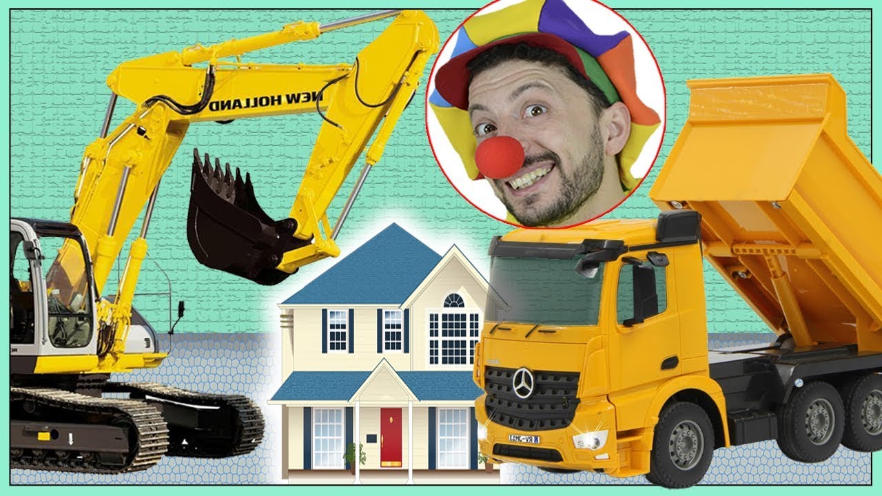Funny Clown & Construction vehicles Excavator, RC Truck Building house ...
