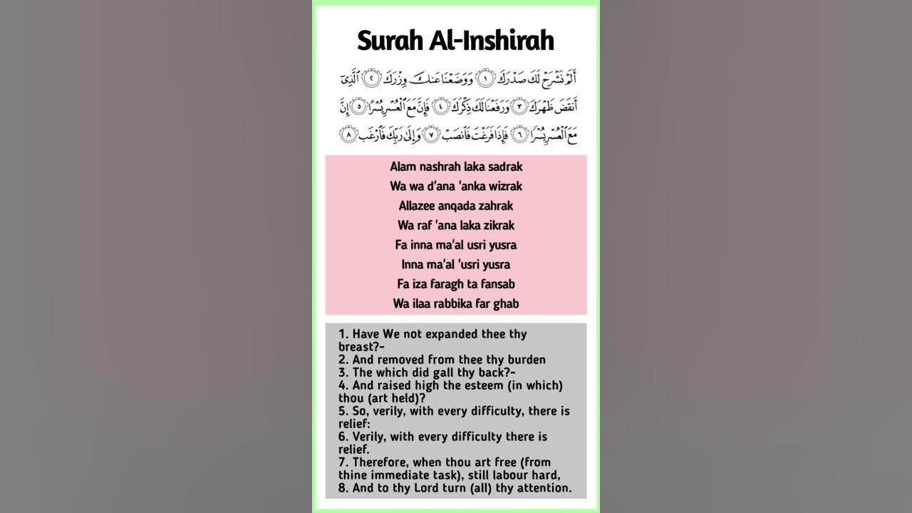 Quran: 94. Surah Ash-Sharh/ Surah Al-Inshirah (The Relief/ Comfort): Arabic and English ...