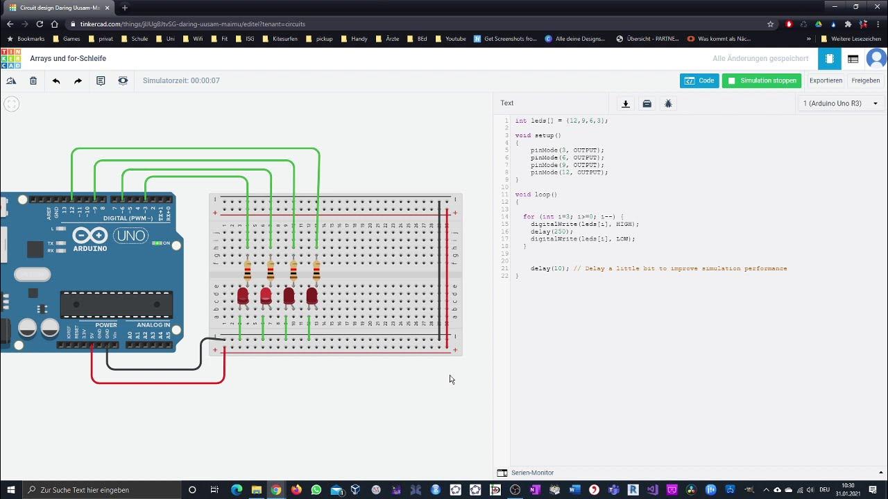 Arduino UNO Tutorial 5: Arrays und for Schleifen (tinkercad simulator ...