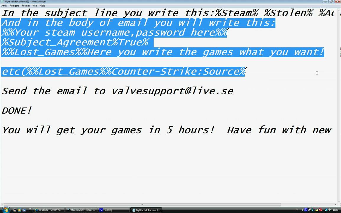 Steam hack! By email! - YouTube