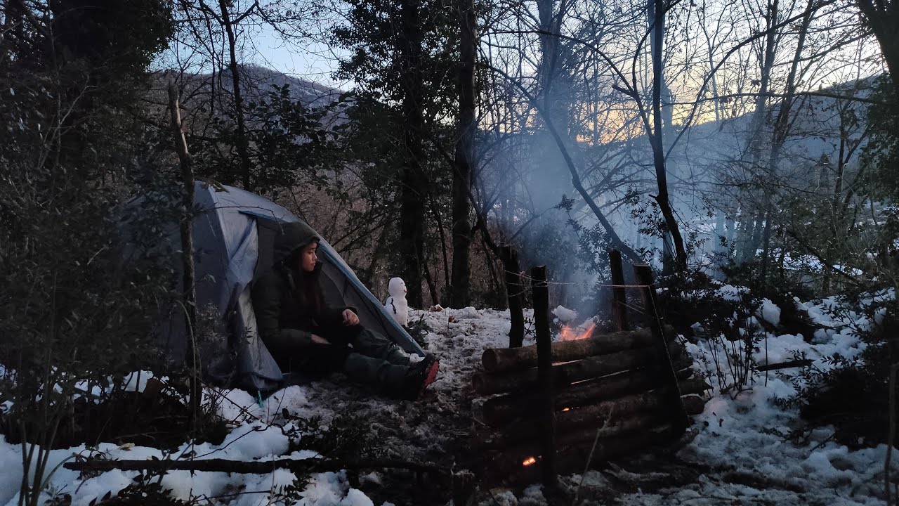WINTER BUSHCRAFT CAMPING In The SNOW - I Build a Fire Reflector - Cook ...