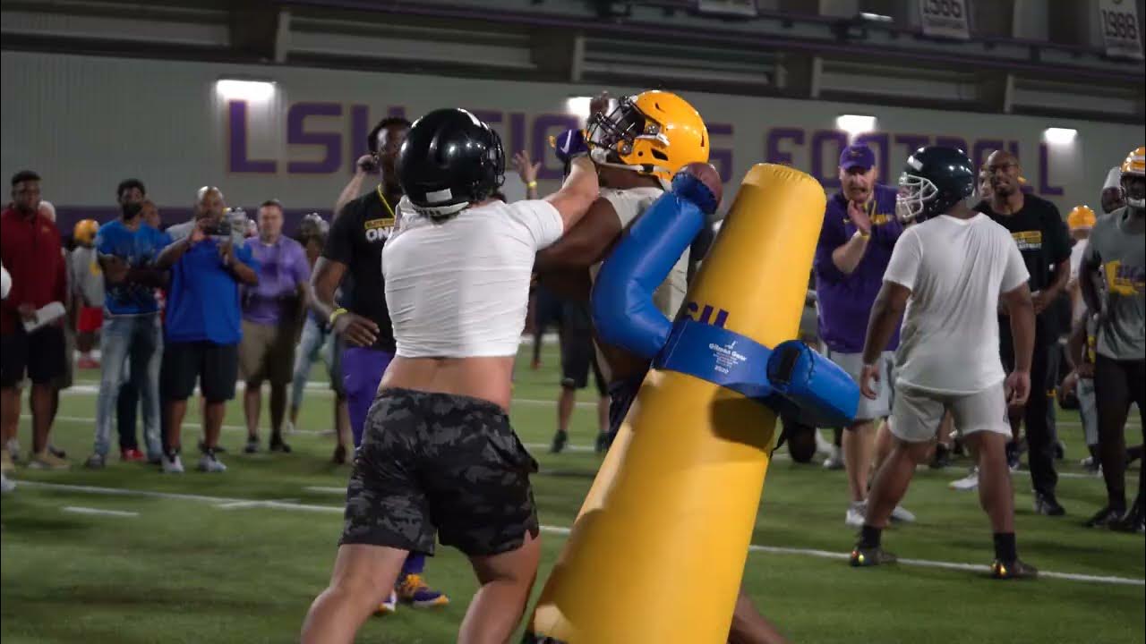 Watch LSU OT commitment Will Campbell's reps from the OL/DL camp - YouTube