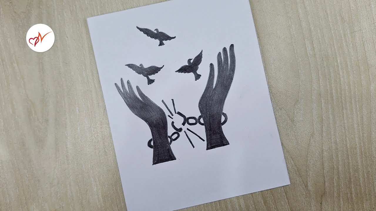 Chained hands and flying birds silhouette pencil drawing | Easy drawing ...