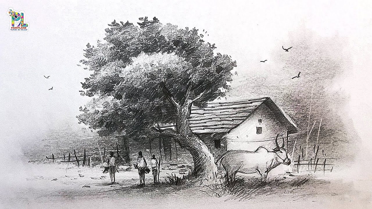 How to draw Tree and Tiled House in Nature Scenery Art - YouTube