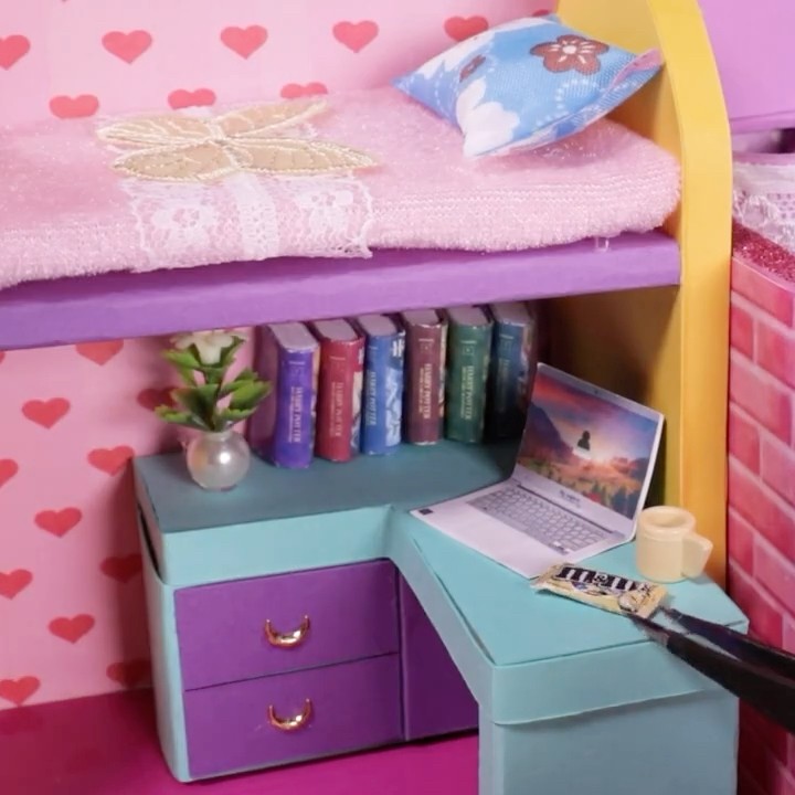Miniature Cardboard House DIY : How I made a Cute Lofty Bed with Study ...