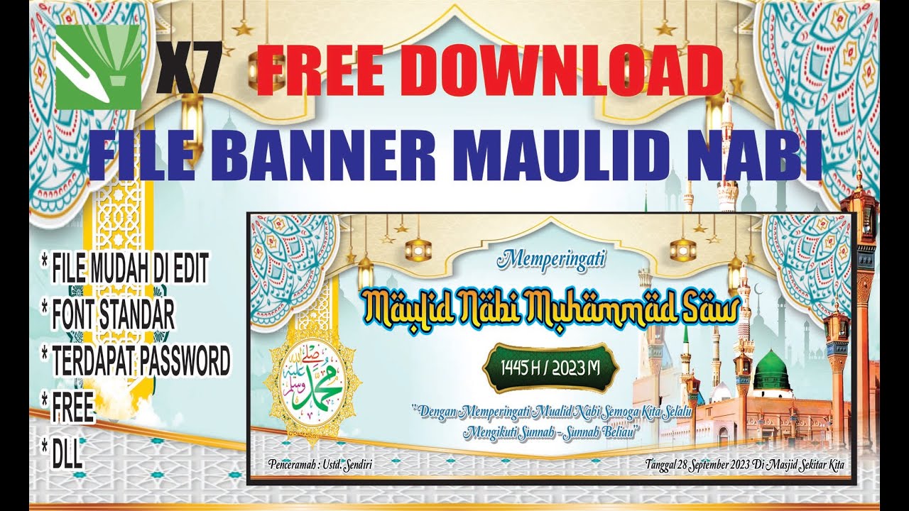 FREE CDR ---- DESAIN BANNER MAULID NABI MUHAMMAD - YouTube