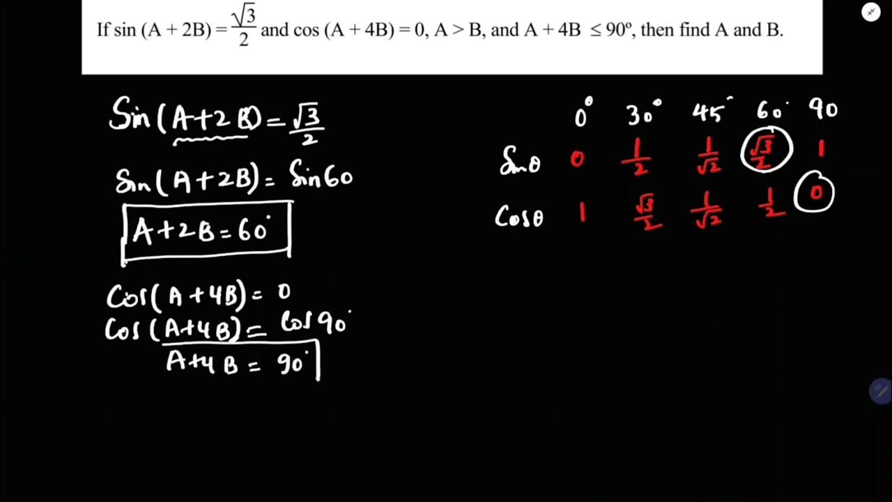 If sin(A+2B)=(root3)/2 and cos(A+4B)=0, then find A and B - YouTube