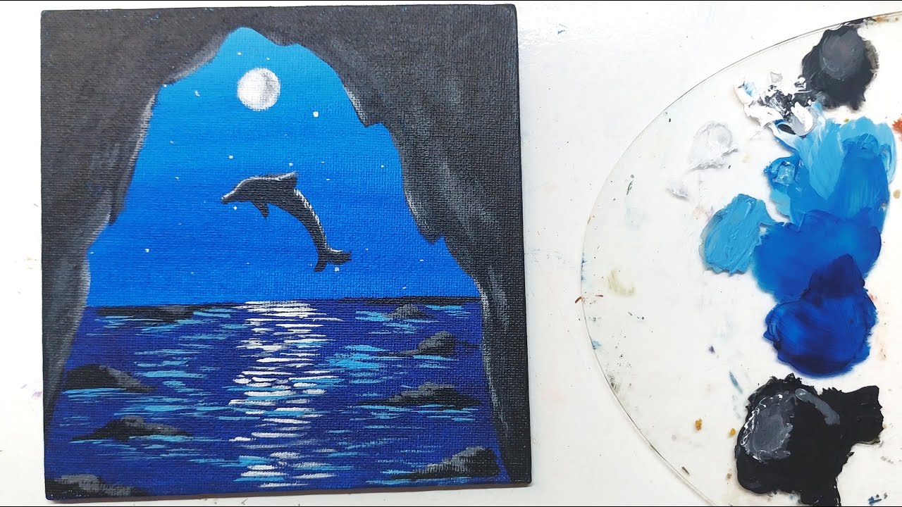 Easy DOLPHIN and FULL MOON scenery painting / Acrylic Painting/ Step By ...