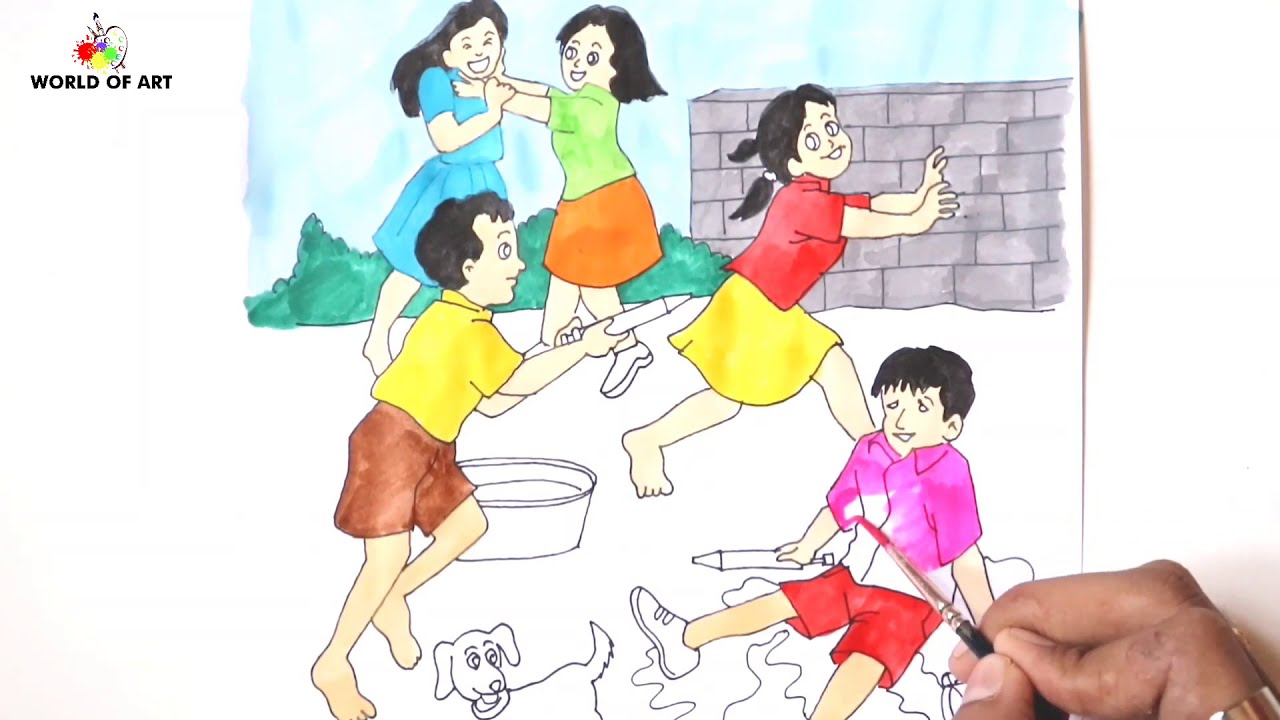 how to draw holi scene step by step | Holi festival scenery drawing ...